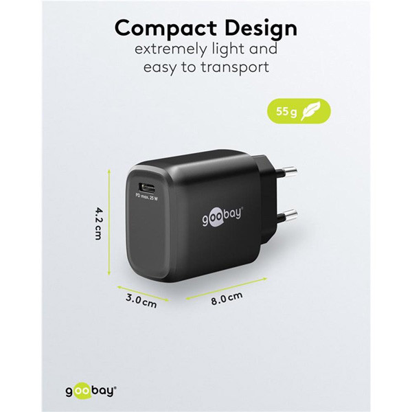 USB-C snellader | 1 poort | 25W | GaN | Power Delivery | Zwart Goobay ...