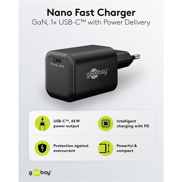 USB-C snellader | 1 poort | 65W | GaN | Power Delivery | Zwart Goobay ...