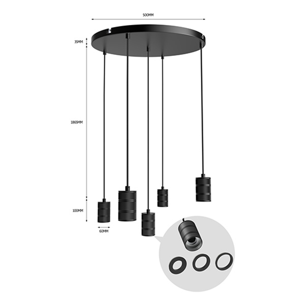 Calex pendels E27 | 5 stuks met ronde plafondplaat | Ø 50 cm | Zwart ...